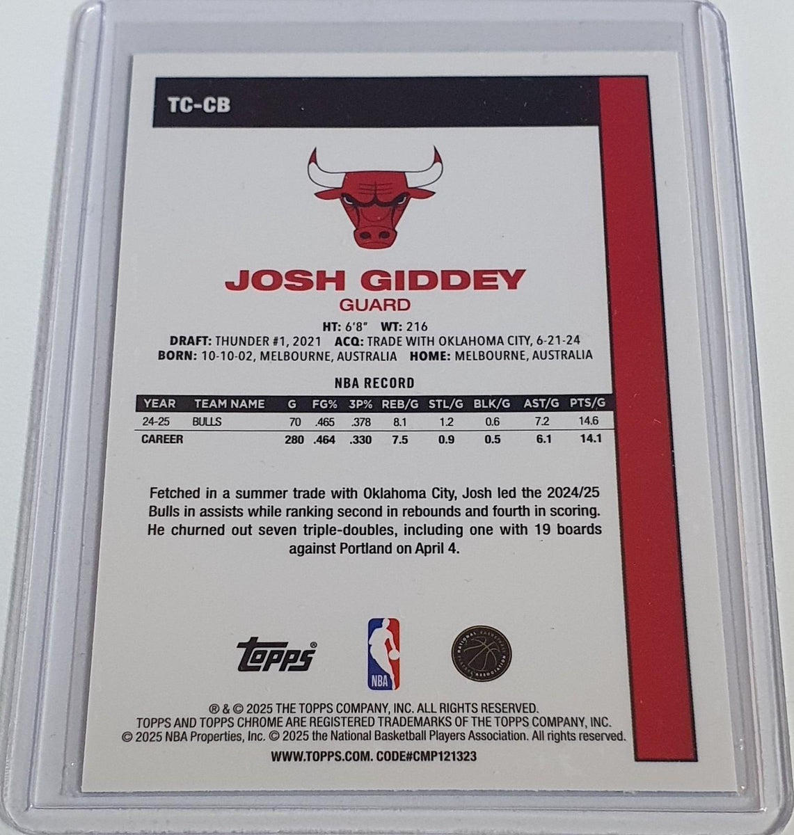 2025 Topps Chrome Josh Giddey #TC-CB BLUE MOJO REFRACTOR /150 Holo (Bu ...